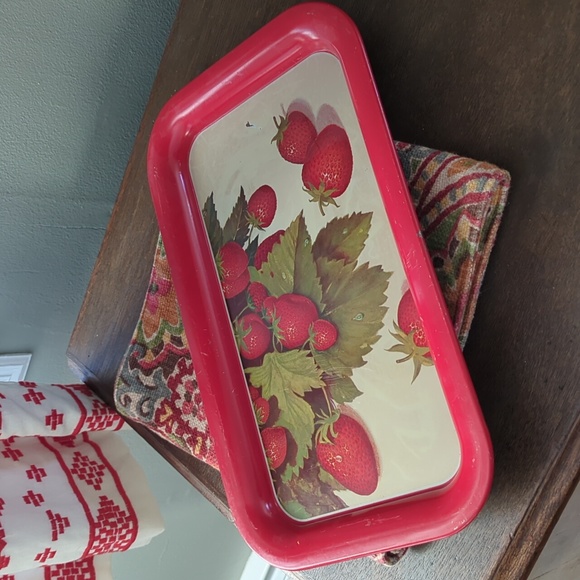 Dining | Vintage Red Enamel Metal Snack Tray Featuring Strawberries ...
